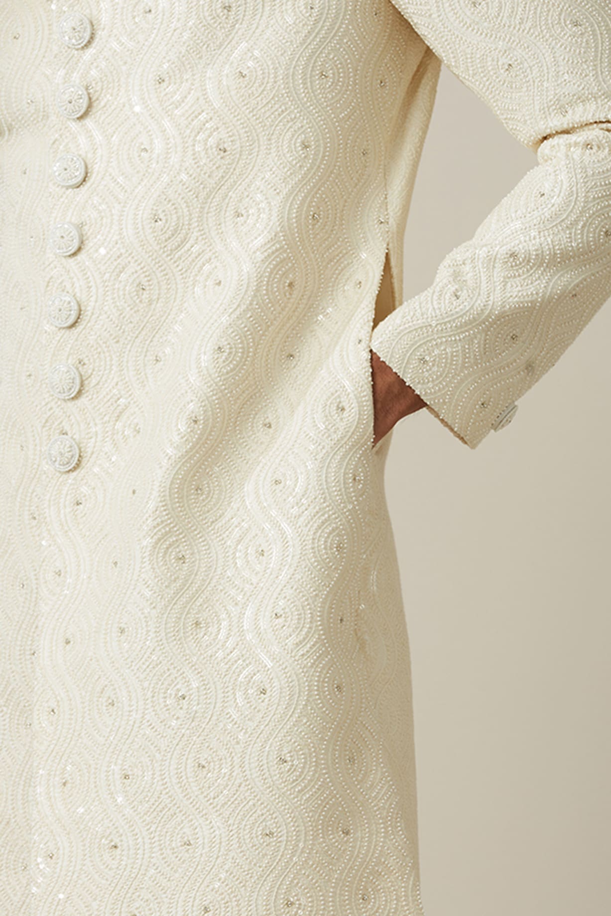 Buy Twamev Off-White Blended Cotton Chikankari Embroidered Sherwani Set ...