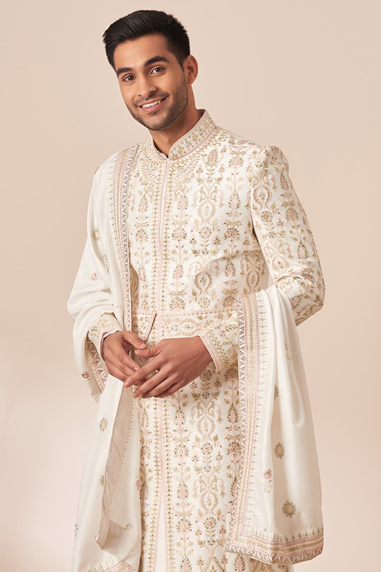 Buy Twamev Off-White Art Silk Embroidered Sherwani Set at Pernia ...