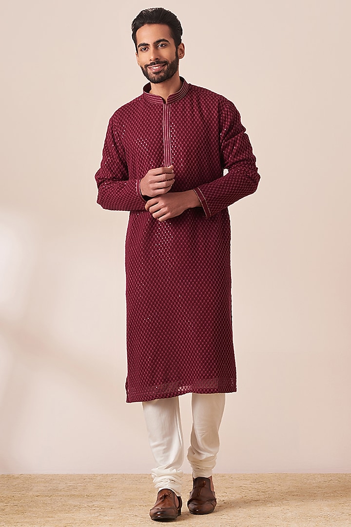 Wine Georgette Chikankari Embroidered Kurta Set Design by Twamev at ...