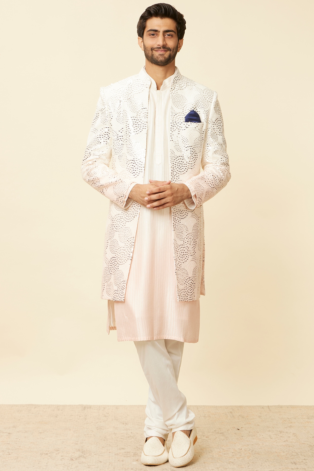 Warm White Art Silk Stone Embroidered Indo Western Set by Twamev at ...