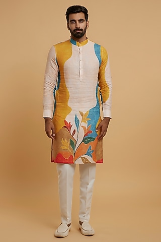 Mustard Yellow Linen Printed Kurta Set by Twamev at Pernia's Pop Up ...