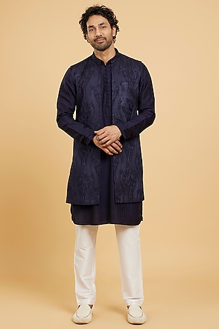 Blue Art Silk Thread Work Jacket Set by Twamev at Pernia's Pop Up Shop 2025