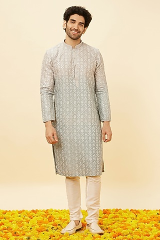 Grey Art Silk Embroidered Kurta Set by Twamev at Pernia's Pop Up Shop 2025
