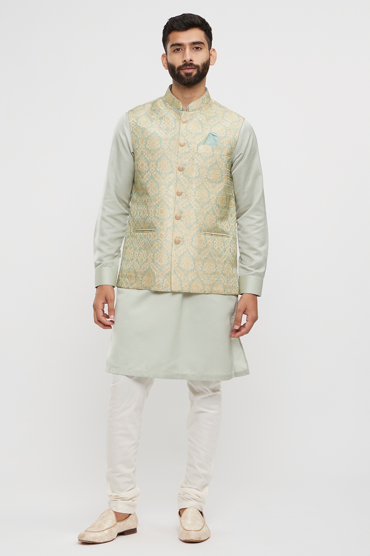 Green Brocade Satin Threadwork Bundi Jacket Set by Twamev at Pernia's ...