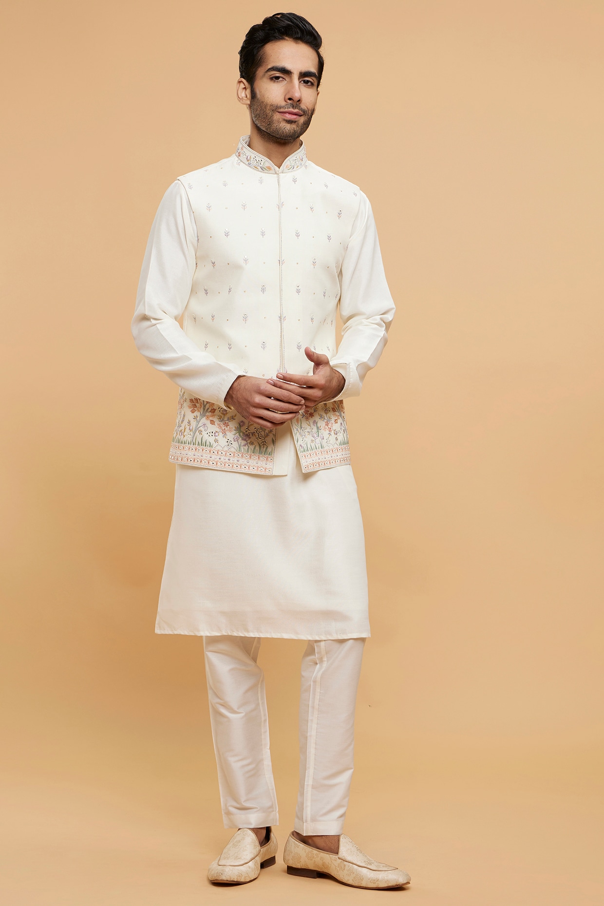 Warm White Art Silk Thread Embroidered Bundi Jacket Set by Twamev at ...