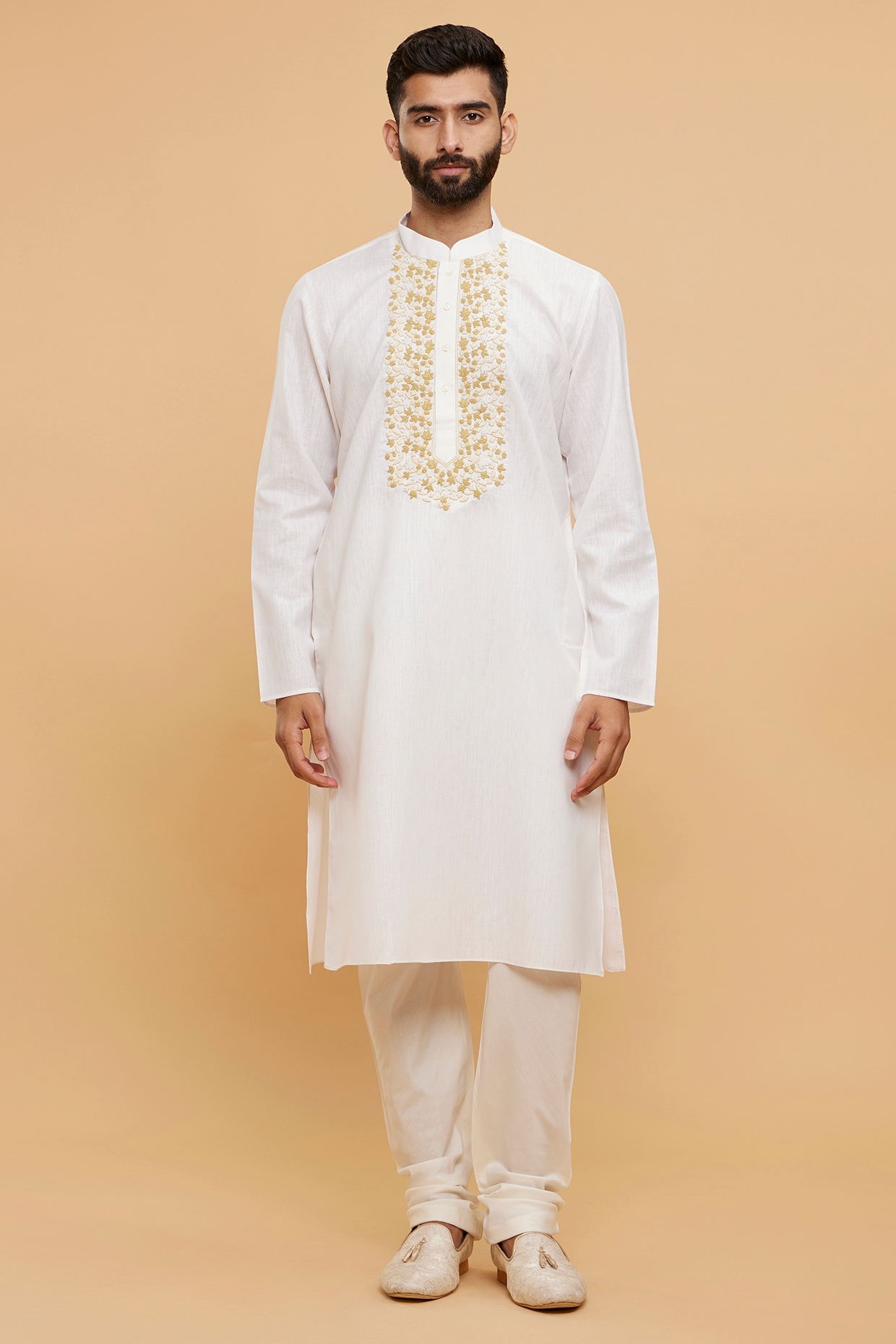 Warm White Blended Cotton Thread Embroidered Kurta Set by Twamev at ...