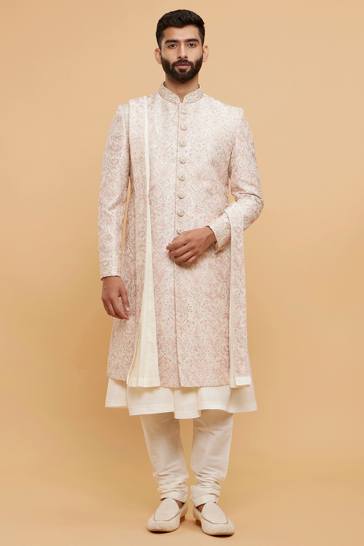Cream Art Silk Thread Embroidered Wedding Sherwani Set by Twamev at ...