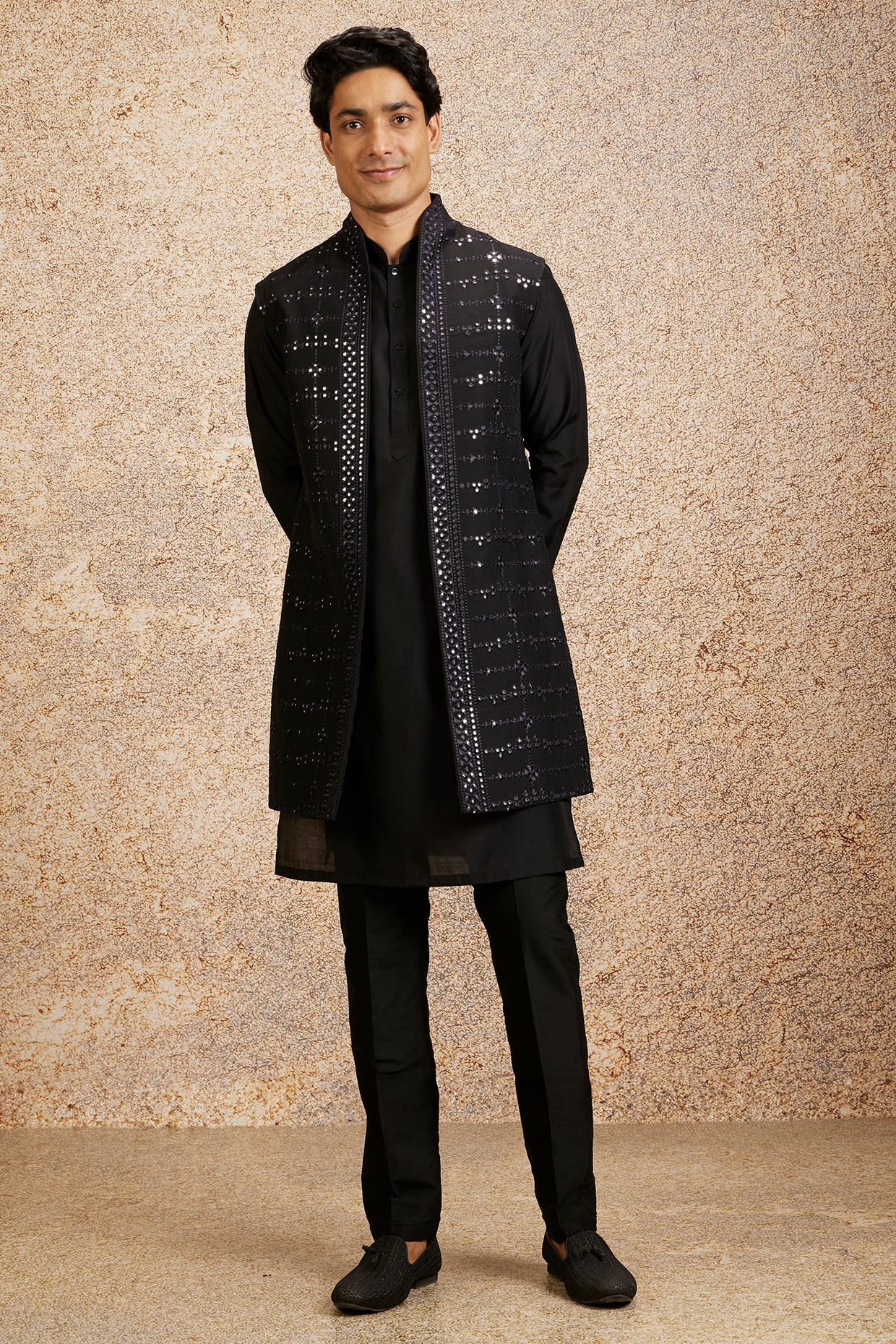 Black Blended Viscose Embroidered Indowestern Set by Twamev at Pernia's ...