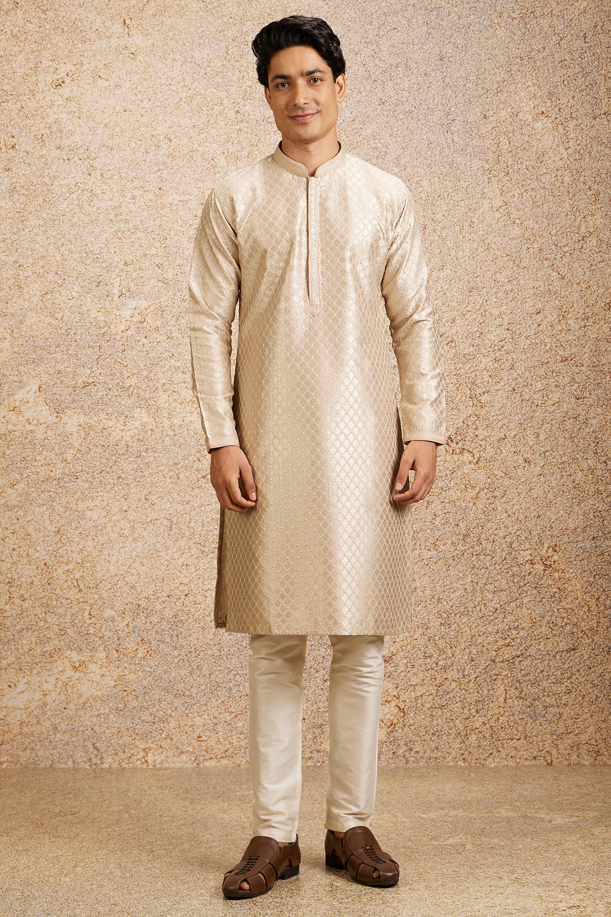 Beige Art Silk Embroidered Kurta Set by Twamev at Pernia's Pop Up Shop 2024