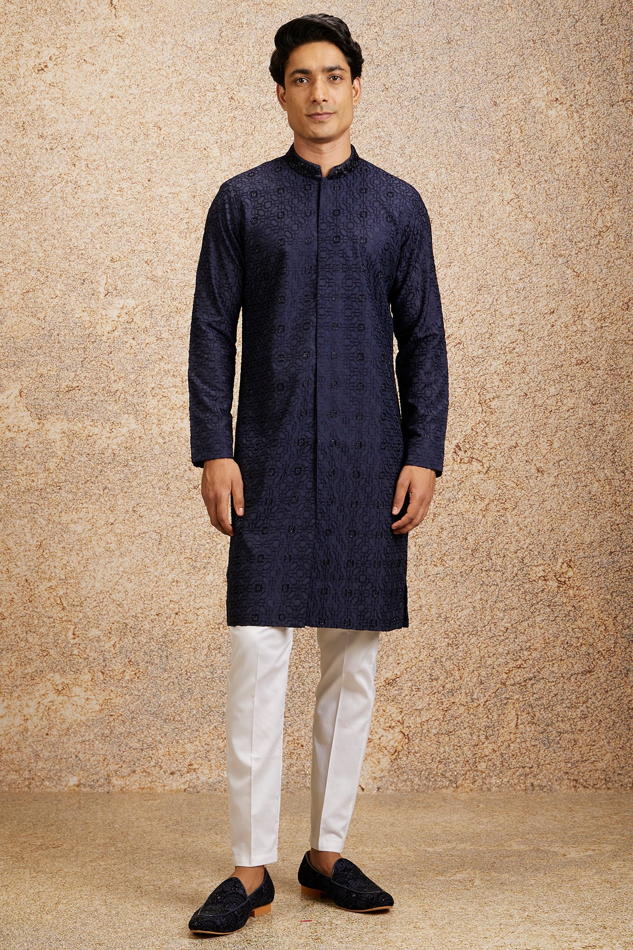 Blue Blended Viscose Cutdana Hand Embroidered Kurta Set by Twamev at ...