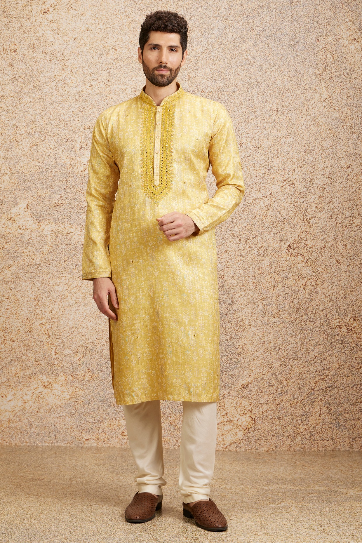 Yellow Art Silk Mirror Work & Printed Kurta Set by Twamev at Pernia's ...