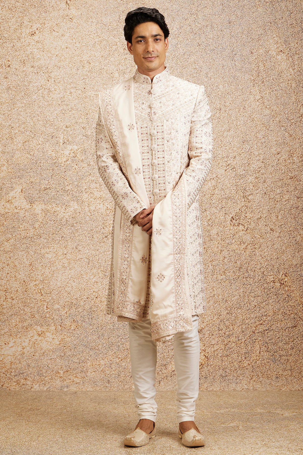 Cream Satin Embroidered Wedding Sherwani Set by Twamev at Pernia's Pop ...