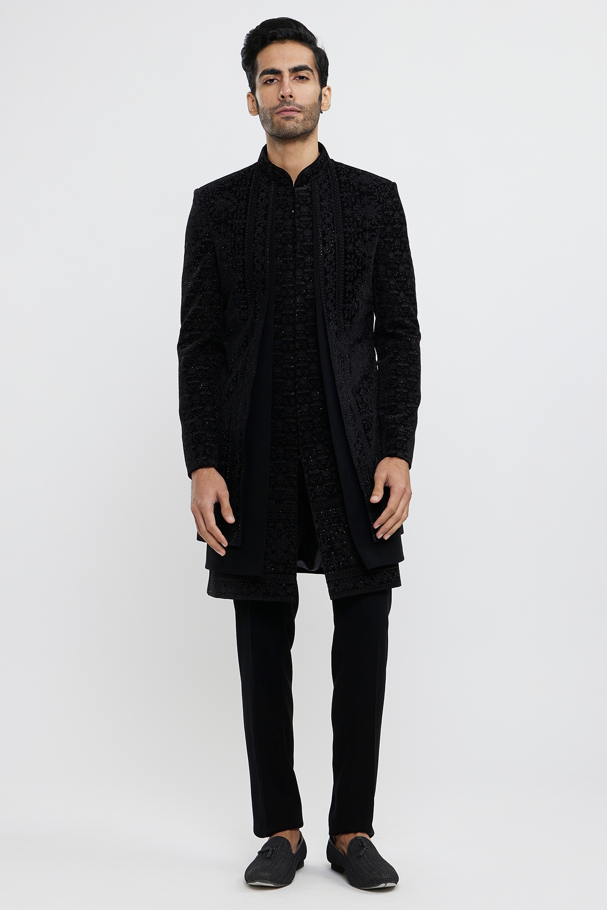 Black Velvet Thread Embroidered Indowestern Set by Twamev at Pernia's ...