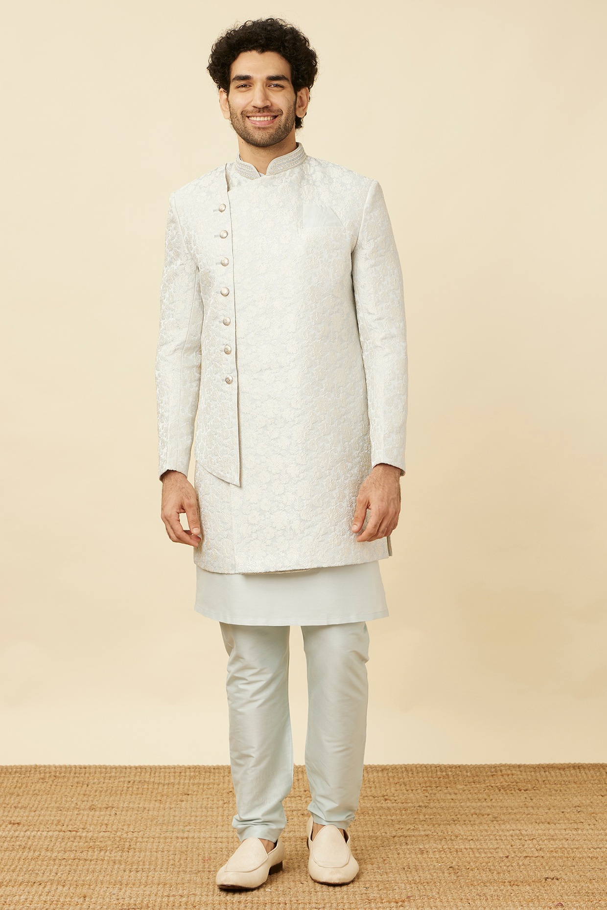 Light Blue Brocade Self Textured Indowestern Set by Manyavar at Pernia ...