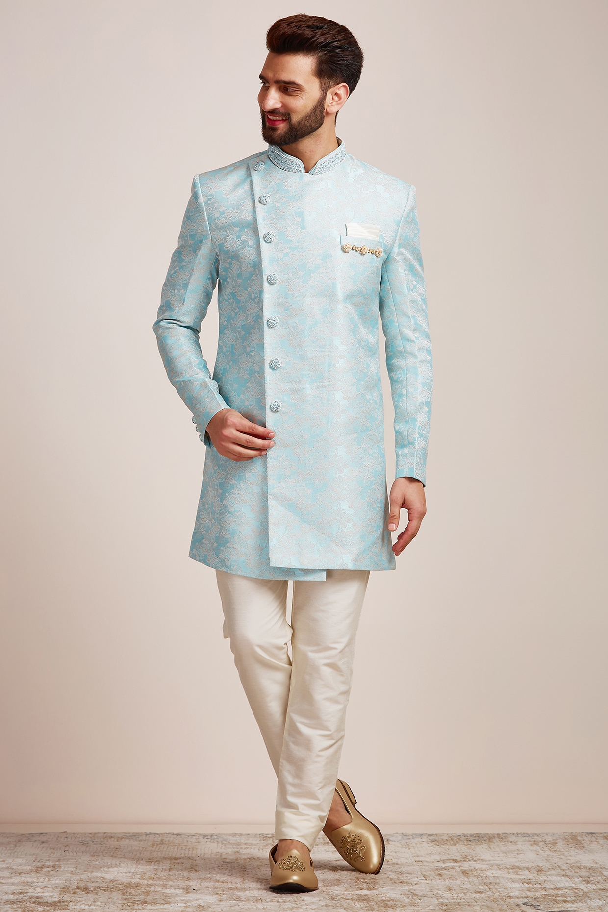 Light Blue Brocade Textured Indowestern Set by Manyavar at Pernia's Pop ...