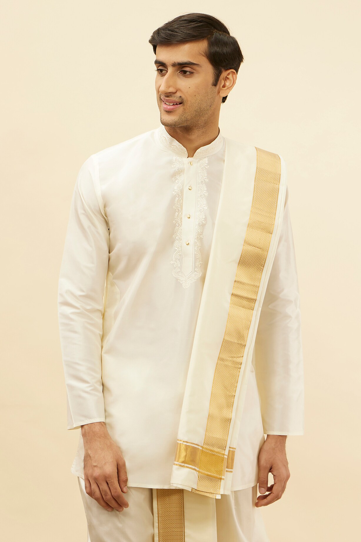 Cream Silk Embroidered Kurta Set by Manyavar at Pernia's Pop Up Shop 2025
