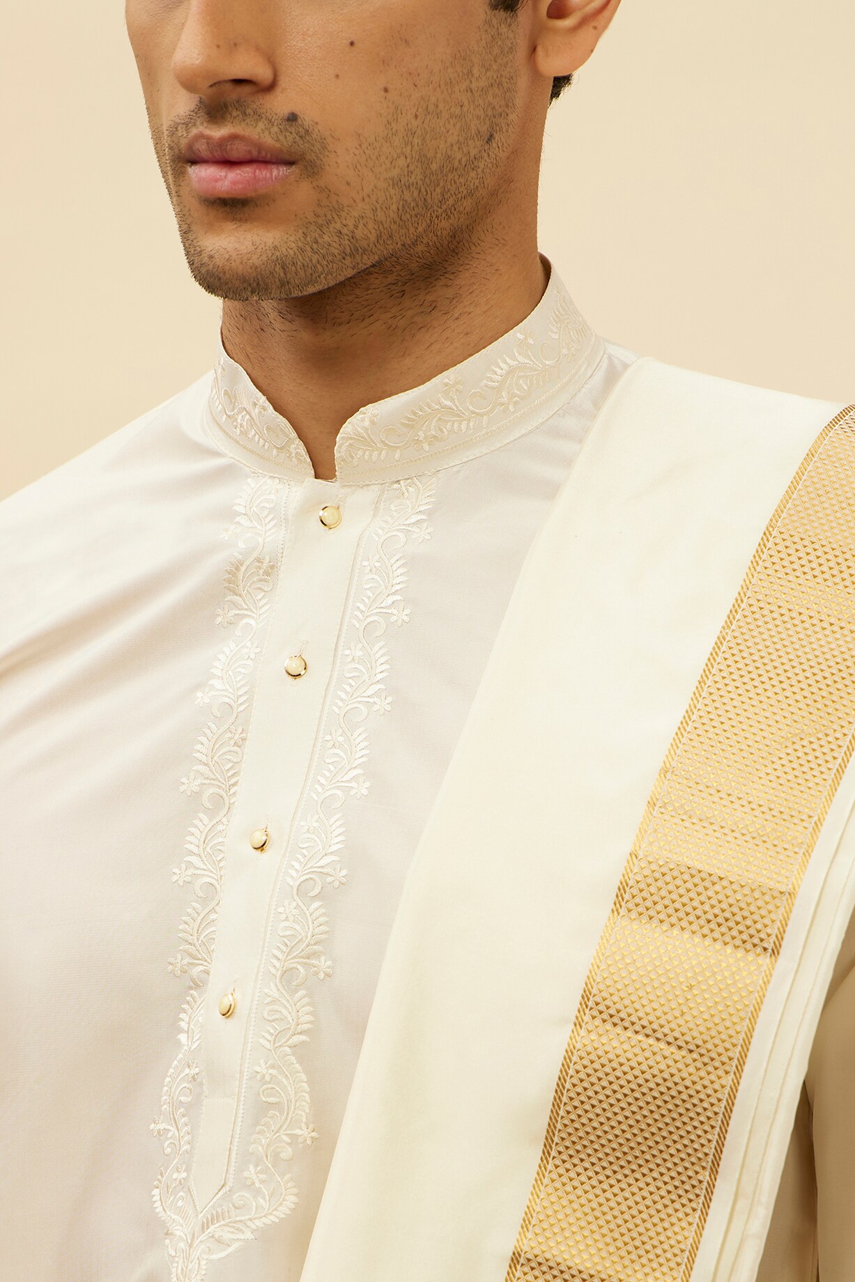 Cream Silk Embroidered Kurta Set by Manyavar at Pernia's Pop Up Shop 2025