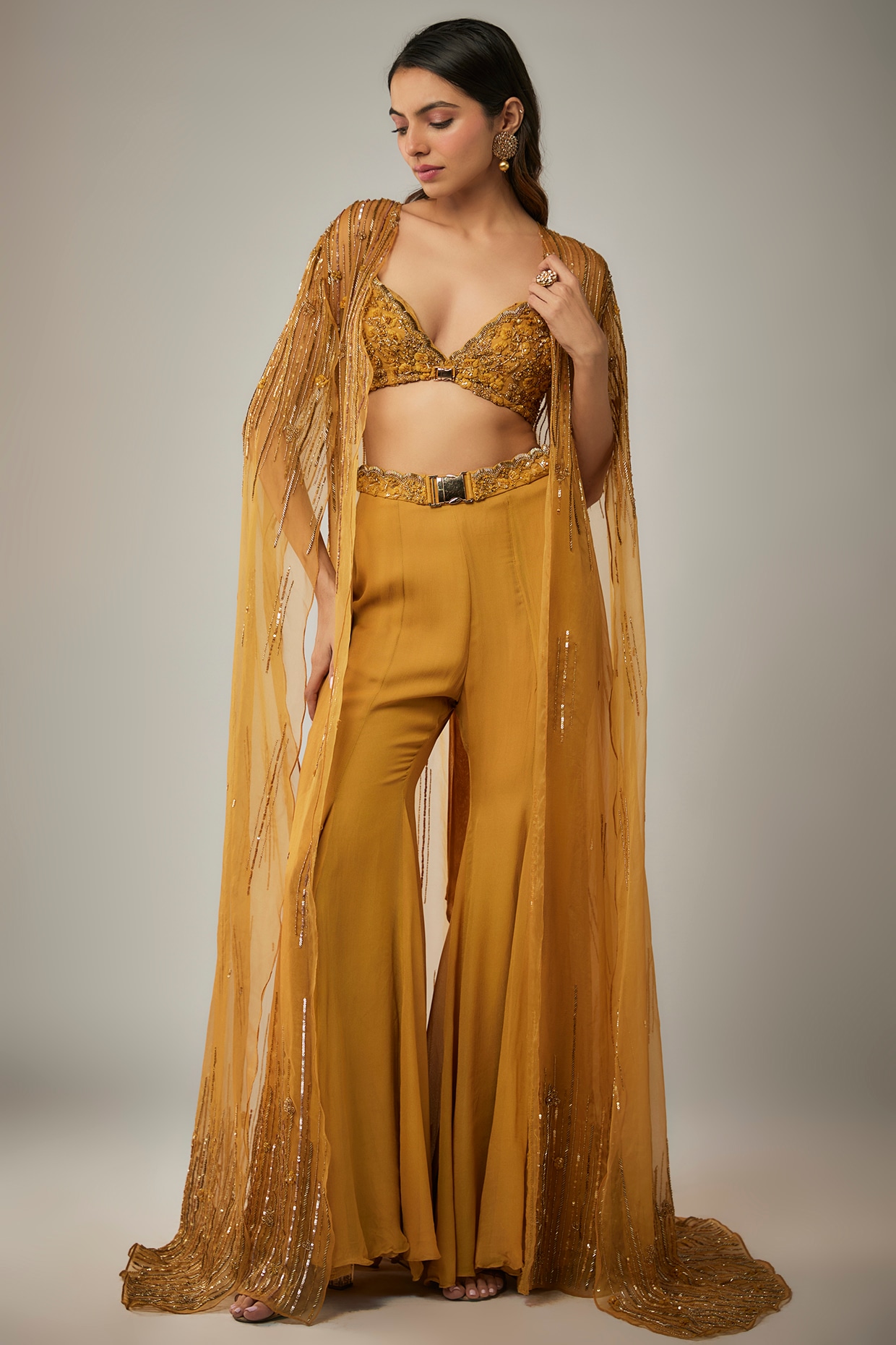 Mustard Yellow Georgette Hand Embroidered Cape Set by MARGI at Pernia's ...