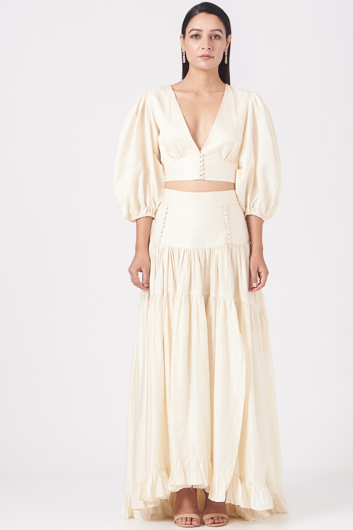 Cream Silk Top With Puffed Sleeves by Marichi at Pernia's Pop Up Shop 2025