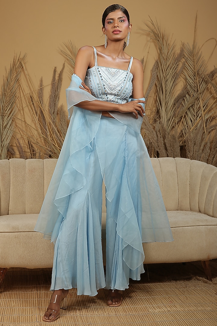 Powder Blue Georgette Crepe Mirror Hand Embellished Flared Pant Set by ...