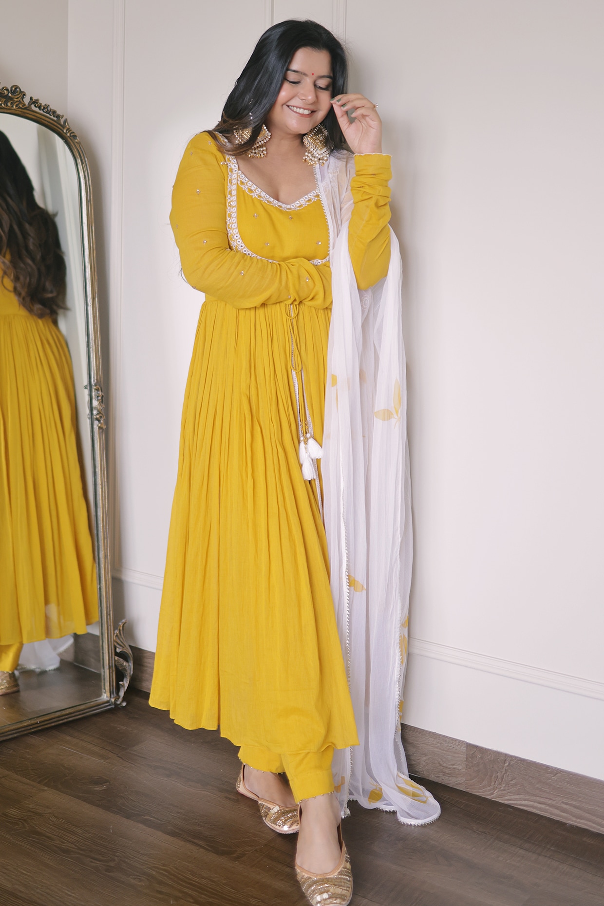 Mustard Cotton Hand Embroidered Anarkali Set by MANISHA SONI at Pernia ...