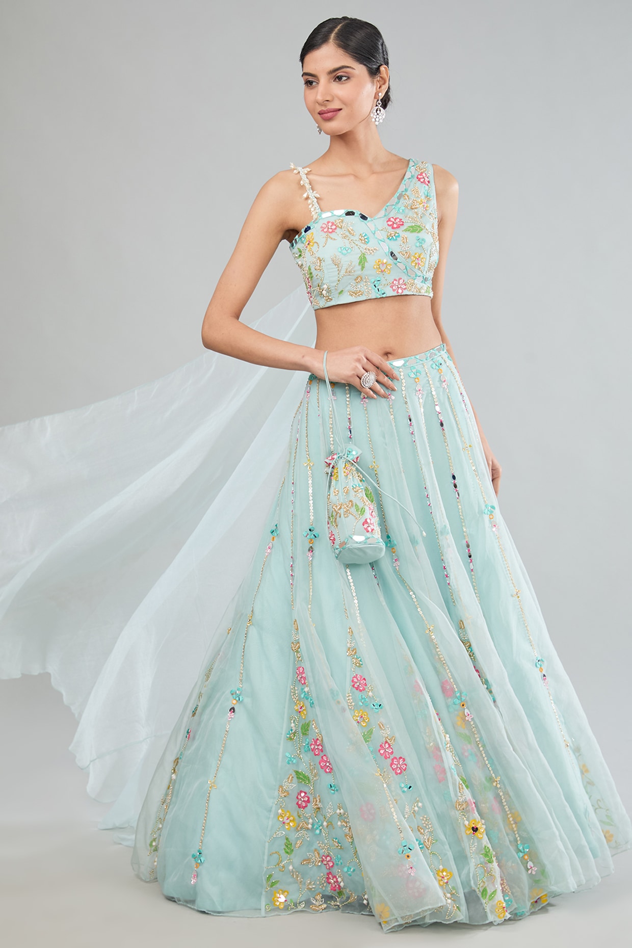 Blue Organza Hand Painted & Mirror Embroidered Wedding Lehenga Set by ...