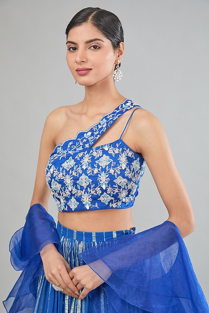 Blue Georgette Tiered Wedding Lehenga Set by MANISHA SONI at Pernia's ...