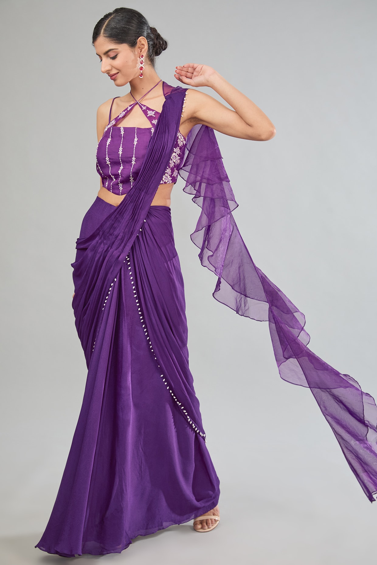 Purple Chinon Chiffon Pre-Draped Saree Set by MANISHA SONI at Pernia's ...