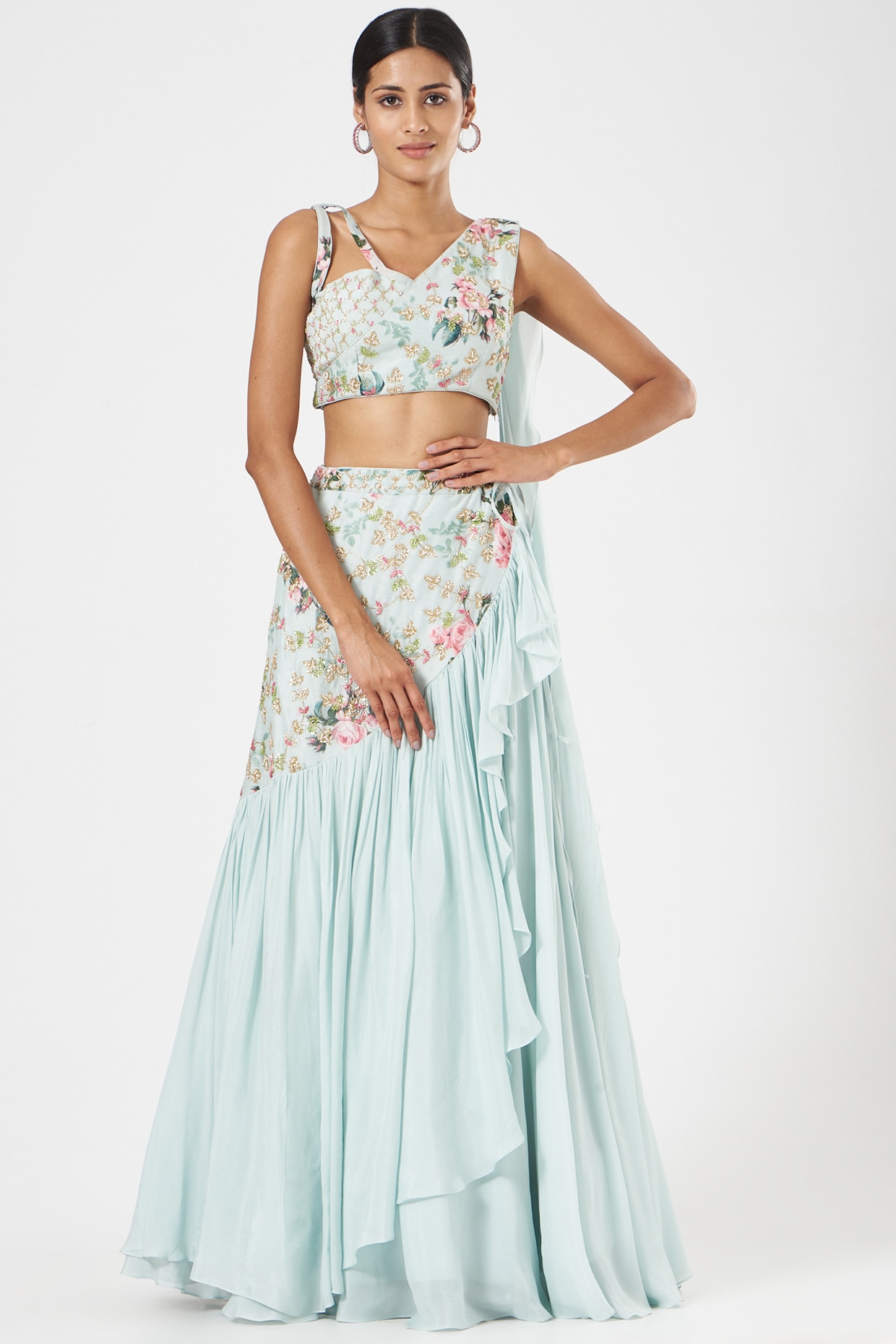 Pastel Blue Embroidered Fusion Wedding Lehenga Set by MANISHA SONI at ...