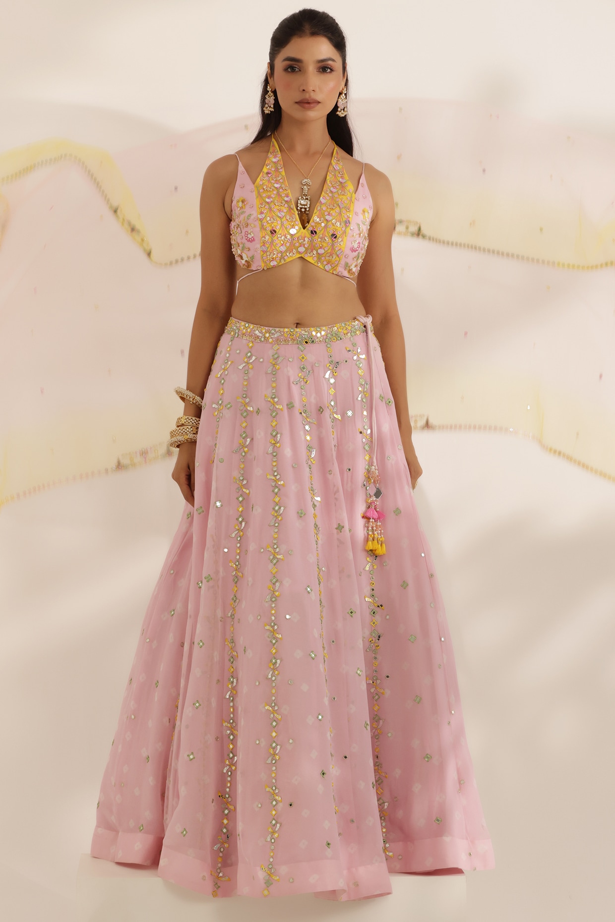 Pastel Pink Georgette Mirror Work Wedding Lehenga Set by MANISHA SONI ...
