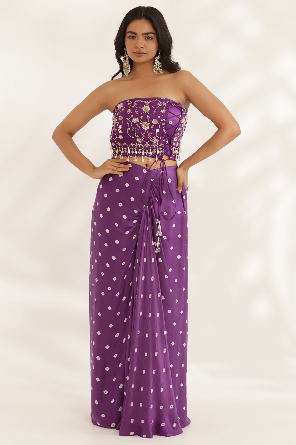 Purple Silk Satin Bandhani Printed Draped Skirt Set by MANISHA SONI at ...