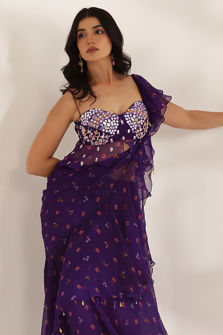 Purple Chiffon Bandhani Printed Draped Party Wear Saree Set by MANISHA ...