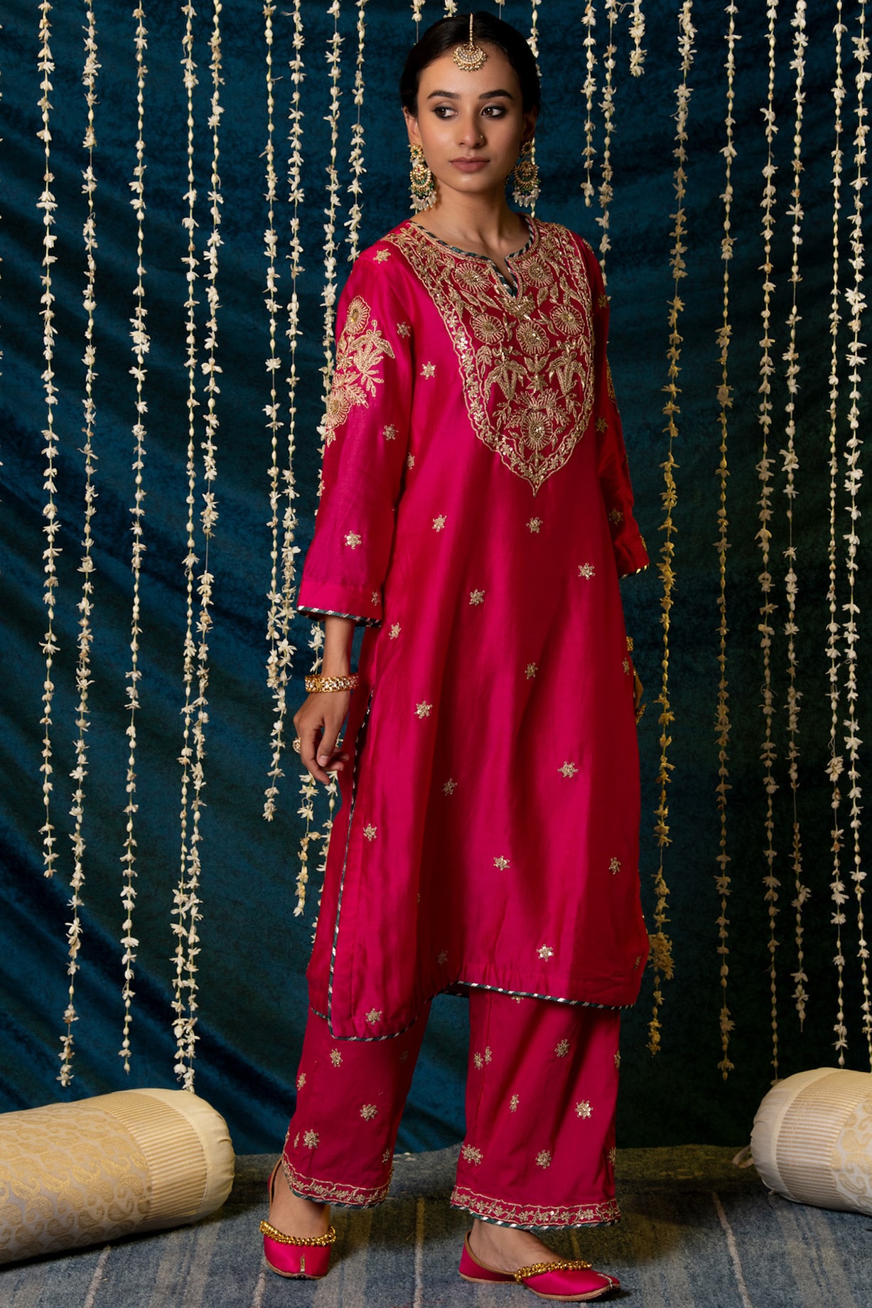 Pink Chanderi Silk Hand Embroidered Kurta Set Design by Maison Shefali at Pernia's Pop Up Shop 2024