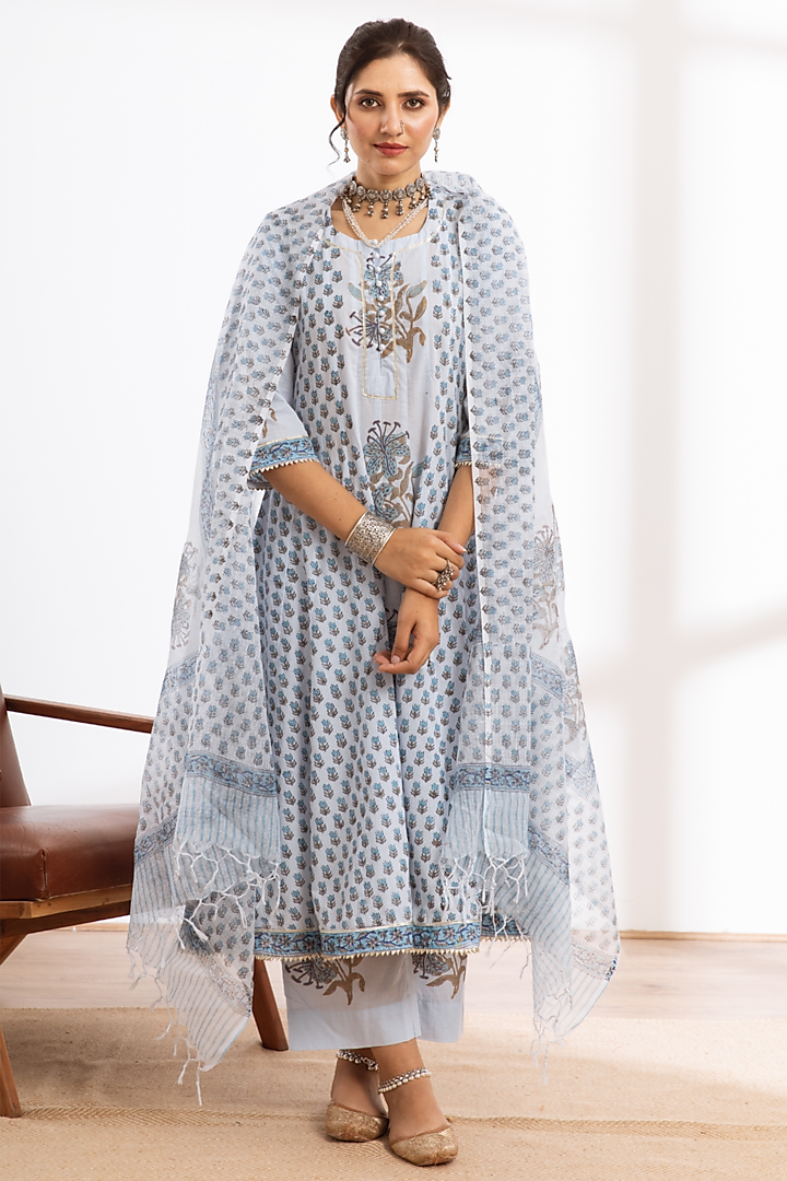 Blue Cotton Hand Block Printed Kurta Set by Maison Shefali at Pernia's ...