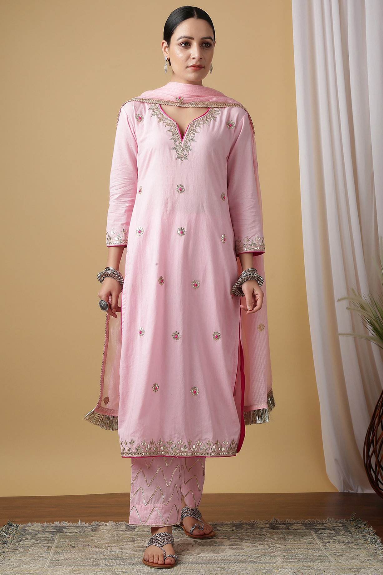 Baby Pink Gota Hand Embroidered Kurta Set by Maison Shefali at Pernia's Pop Up Shop 2025