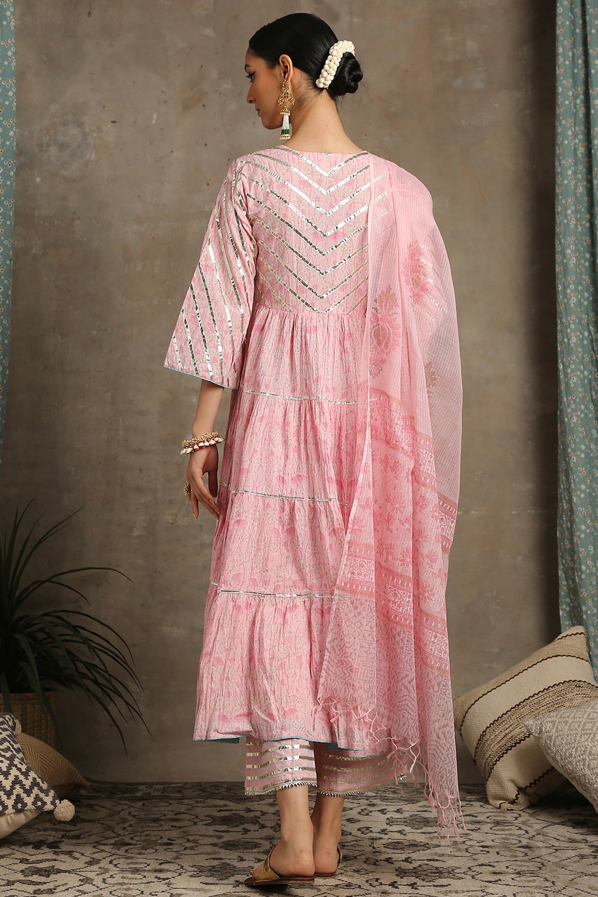 Pink Floral Block Printed Tiered Kurta Set by Maison Shefali at Pernia's Pop Up Shop 2025