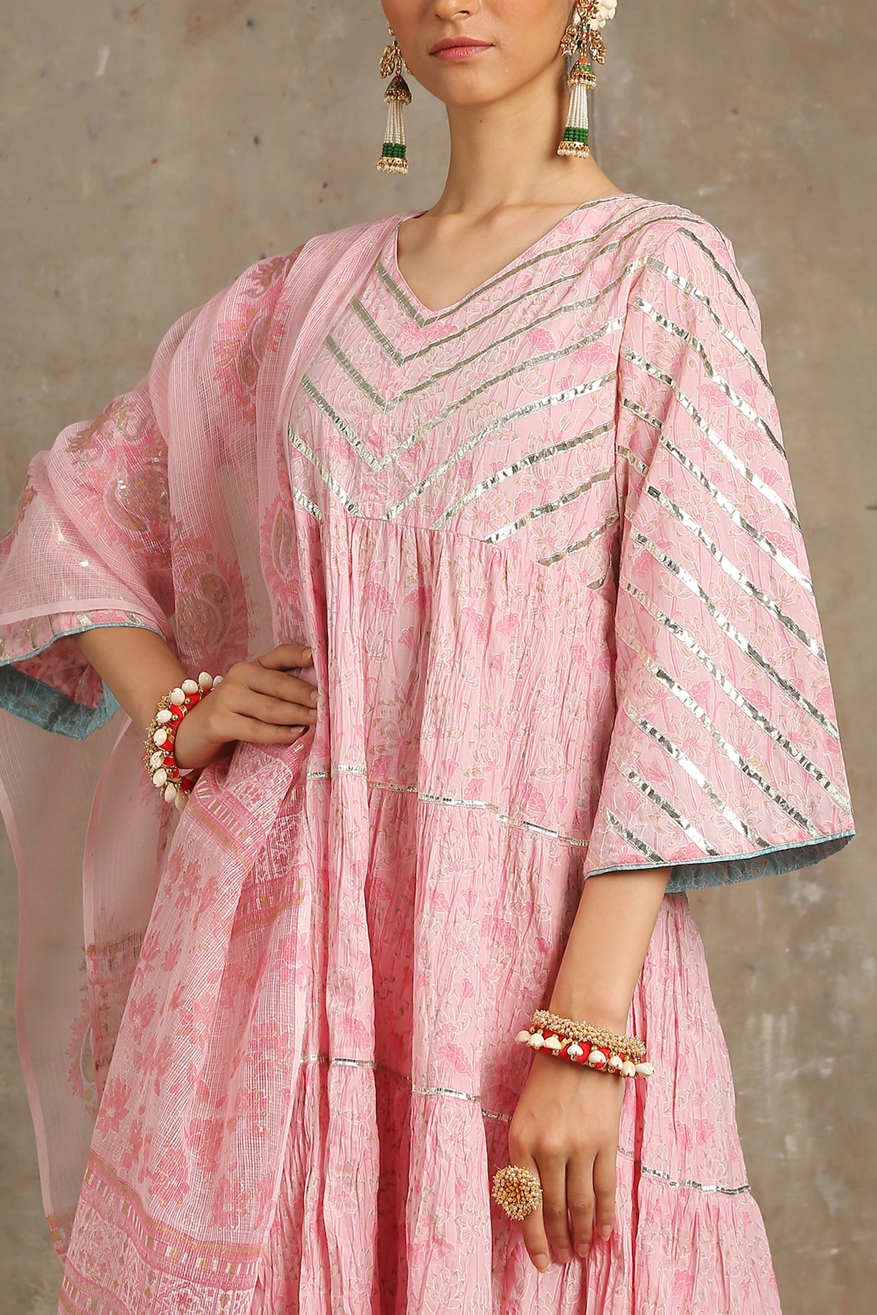 Pink Floral Block Printed Tiered Kurta Set by Maison Shefali at Pernia's Pop Up Shop 2025