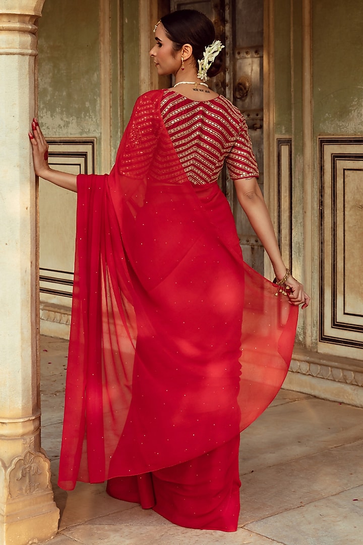 Red Chiffon Badla Work & Hand-Dyed Saree Set by Maison Shefali at ...