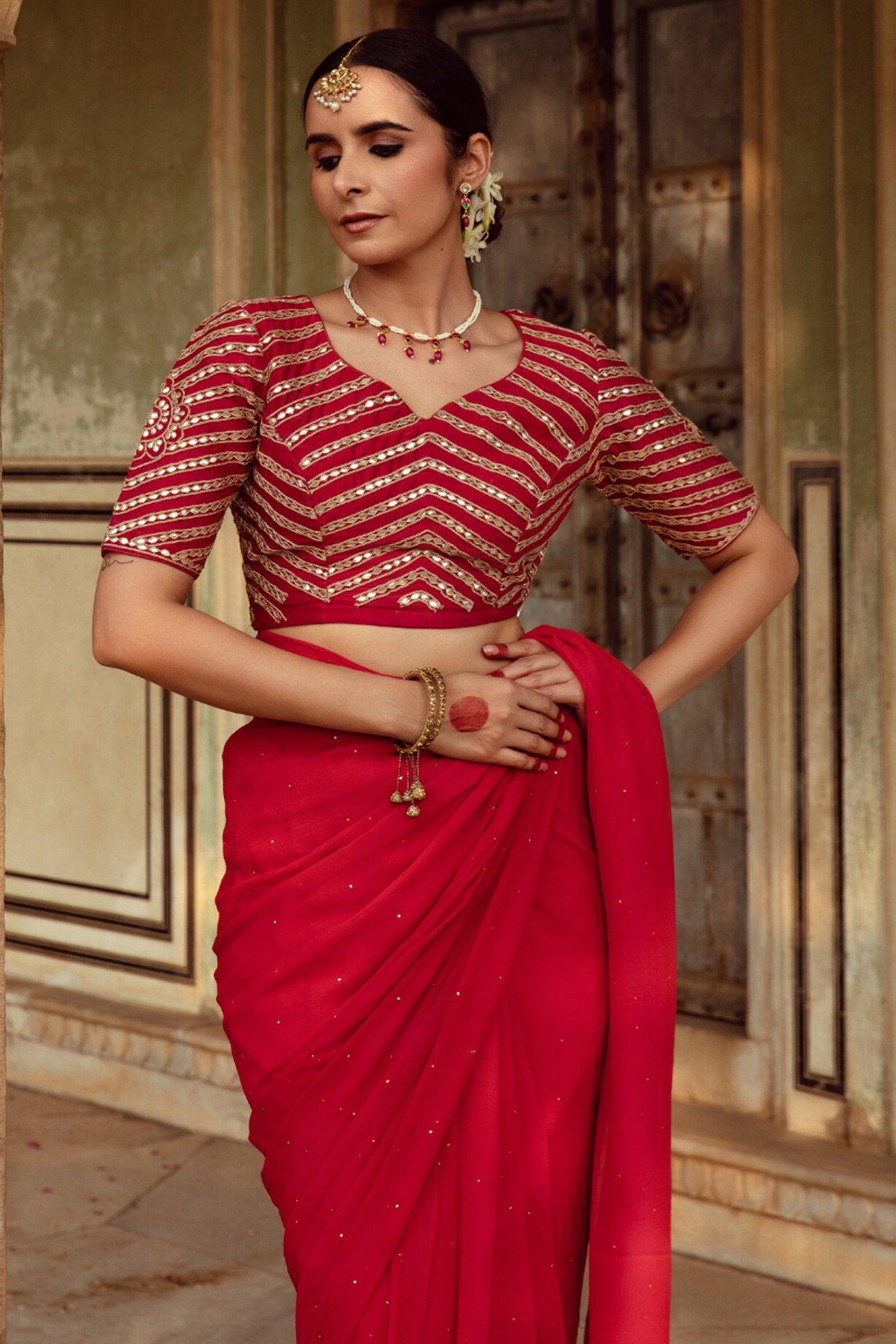 Red Chiffon Badla Work & Hand-Dyed Saree Set by Maison Shefali at ...