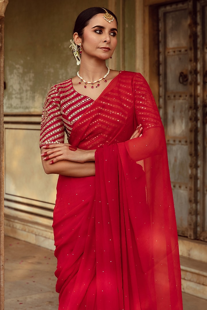 Red Chiffon Badla Work & Hand-Dyed Saree Set by Maison Shefali at ...