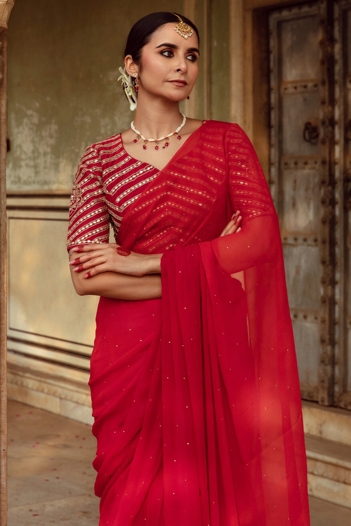 Red Chiffon Badla Work & Hand-Dyed Saree Set by Maison Shefali at ...