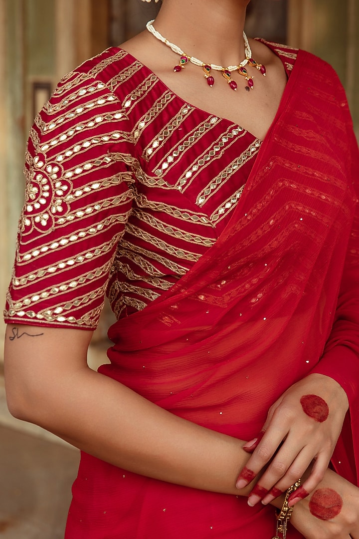 Red Chiffon Badla Work & Hand-Dyed Saree Set by Maison Shefali at ...
