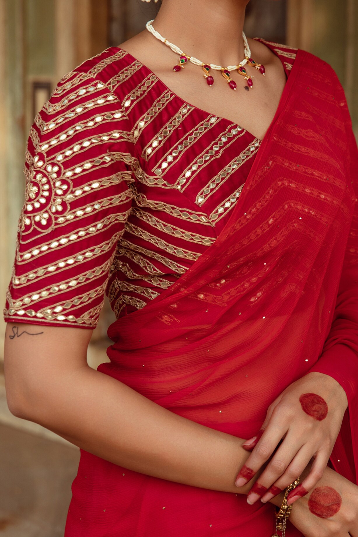 Red Chiffon Badla Work & Hand-Dyed Saree Set by Maison Shefali at ...
