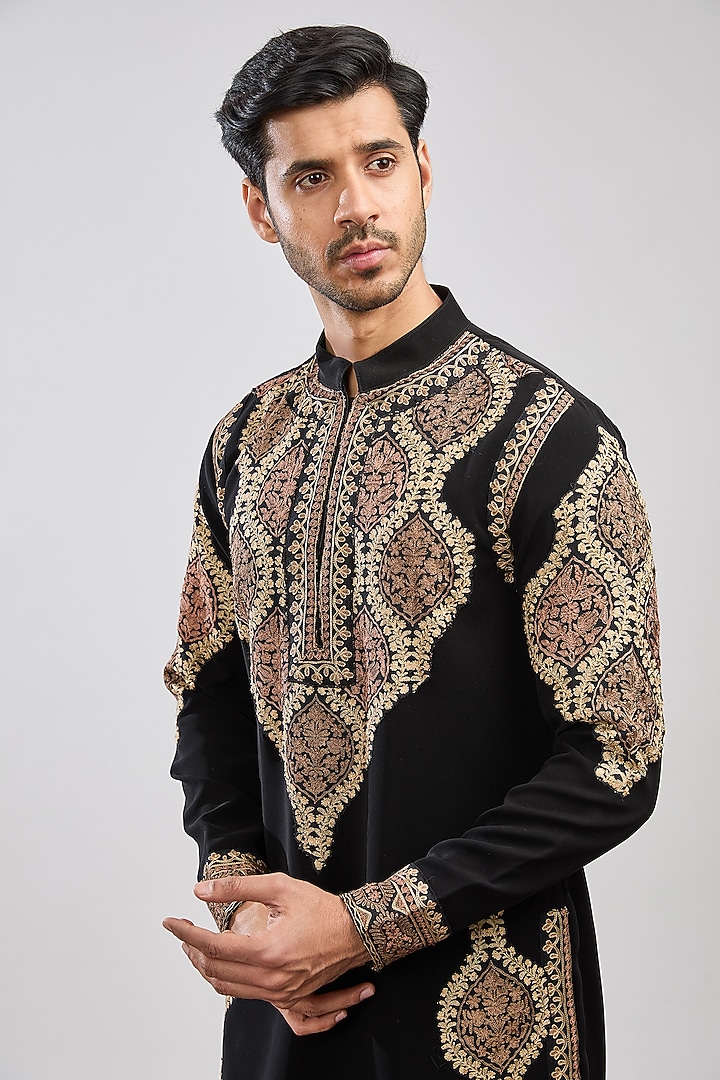 Black Japanese Crepe Kashmiri Work Kurta Set by MS attire at Pernia's ...