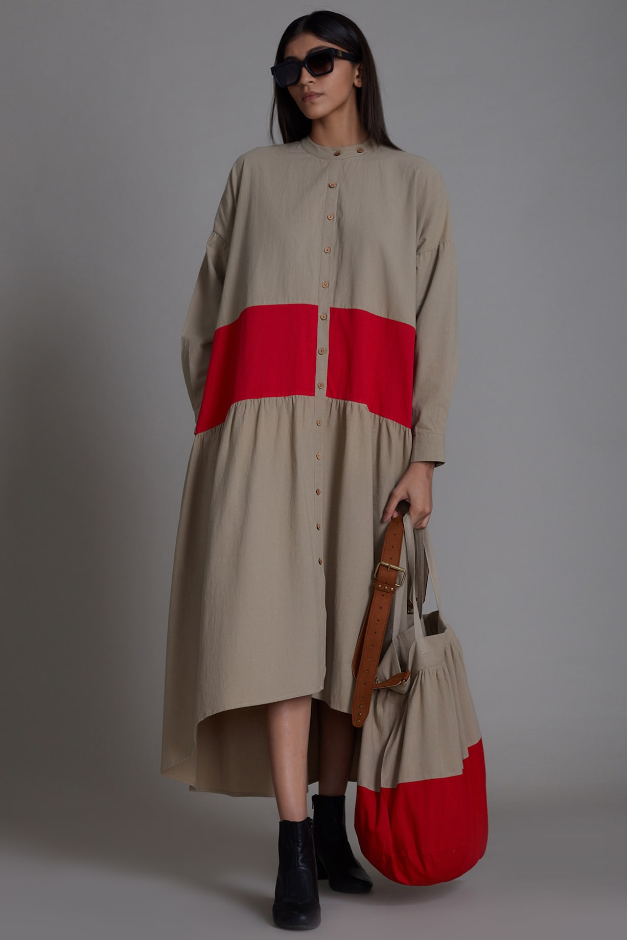 Beige & Red Cotton Color Blocked Shirt Dress Design by Mati at Pernia's ...