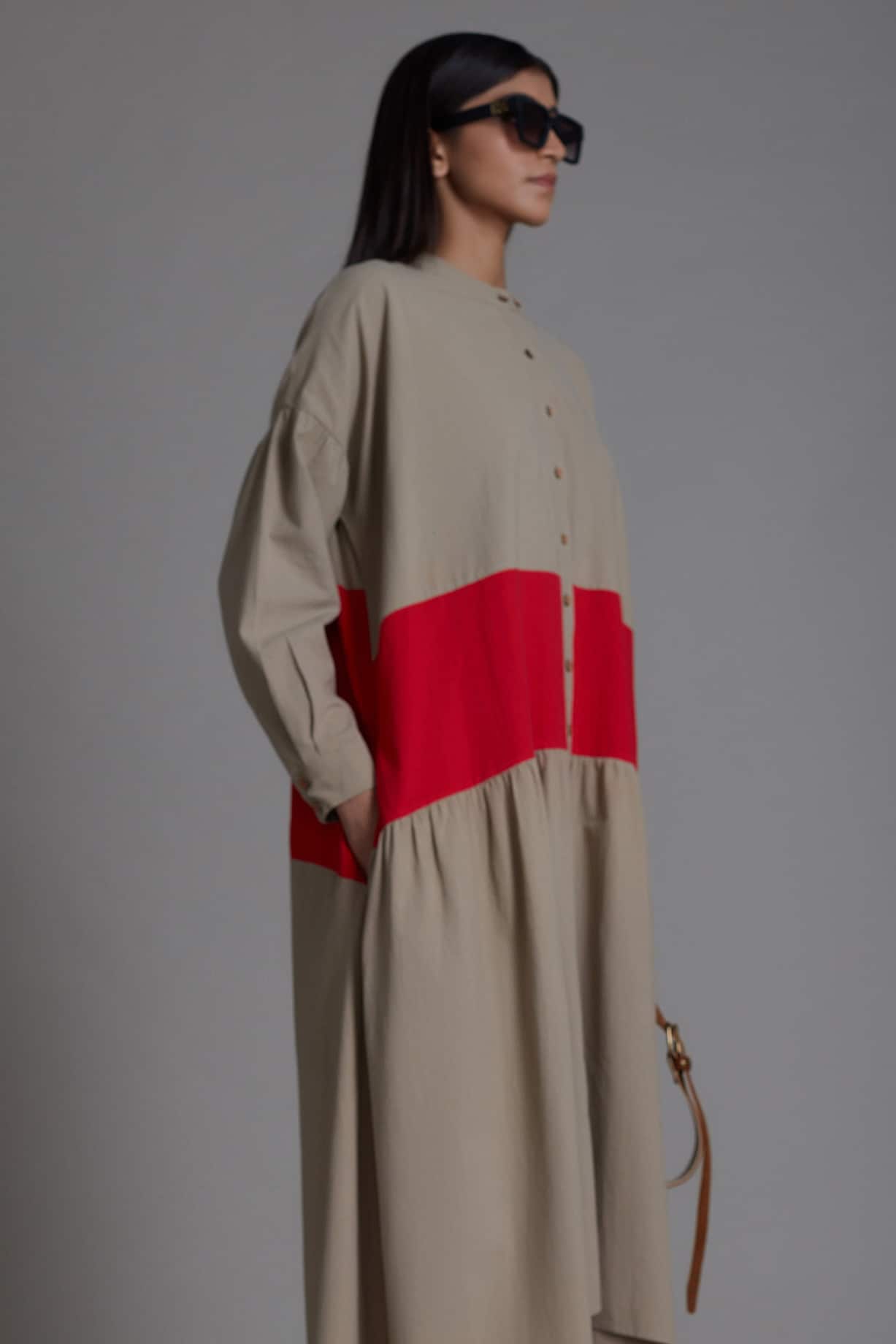 Beige & Red Cotton Color Blocked Shirt Dress Design by Mati at Pernia's ...