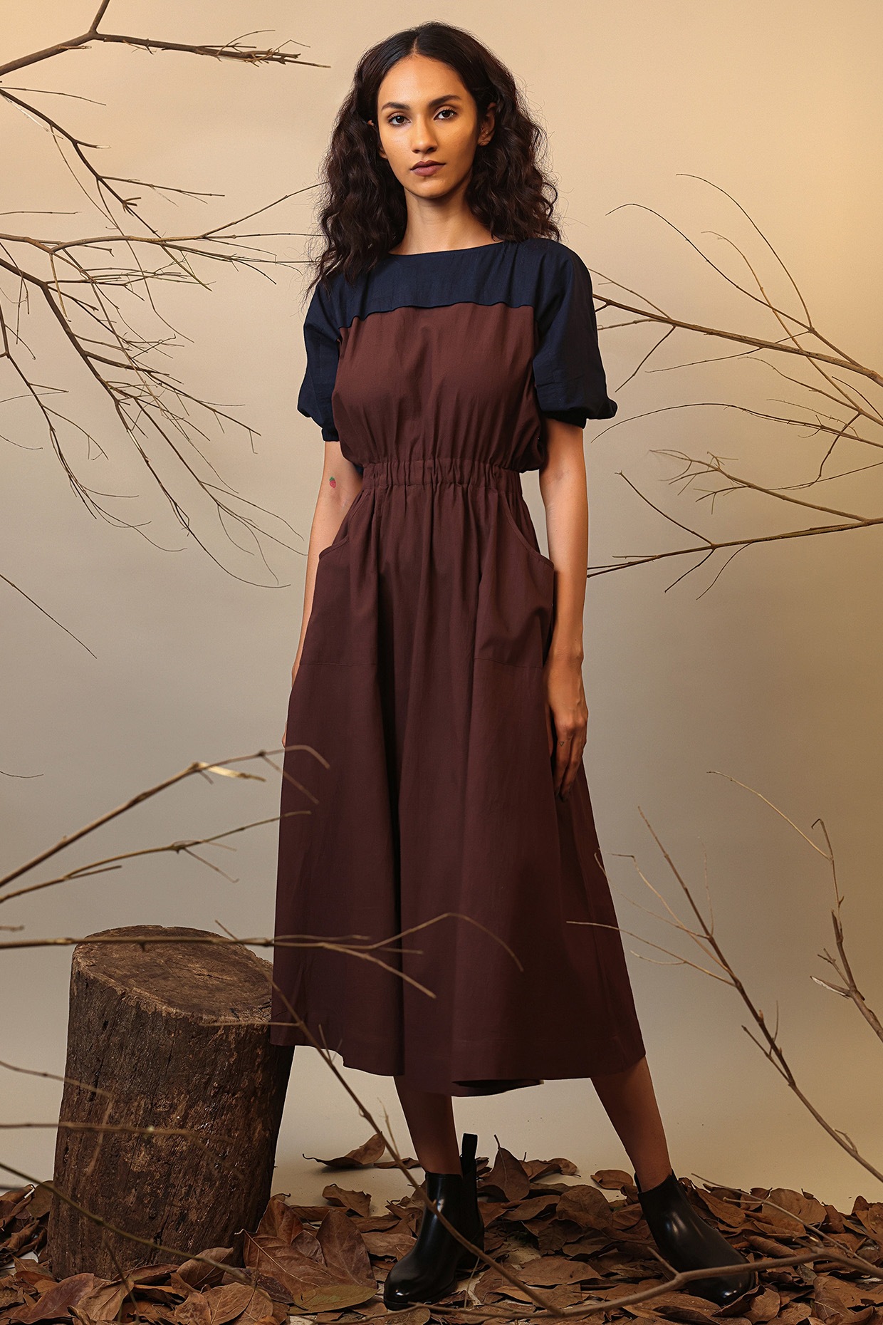 Brown & Blue Handwoven Cotton Color-Blocked Dress by Mati at Pernia's ...