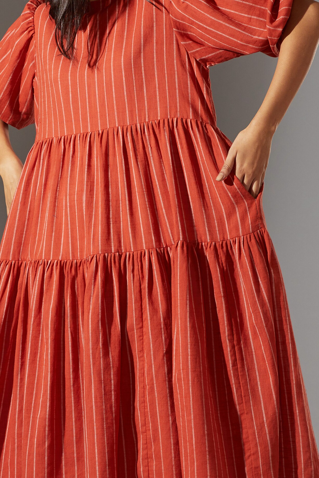 Rust Orange Tiered Midi Dress by Mati at Pernia's Pop Up Shop 2025