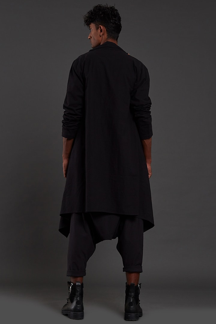 Black Cotton Handwoven Long Drape Jacket by Mati Men at Pernia's Pop Up ...