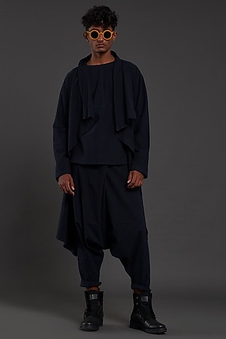 Navy Blue Cotton Handwoven Jacket Set by Mati Men at Pernia's Pop Up ...